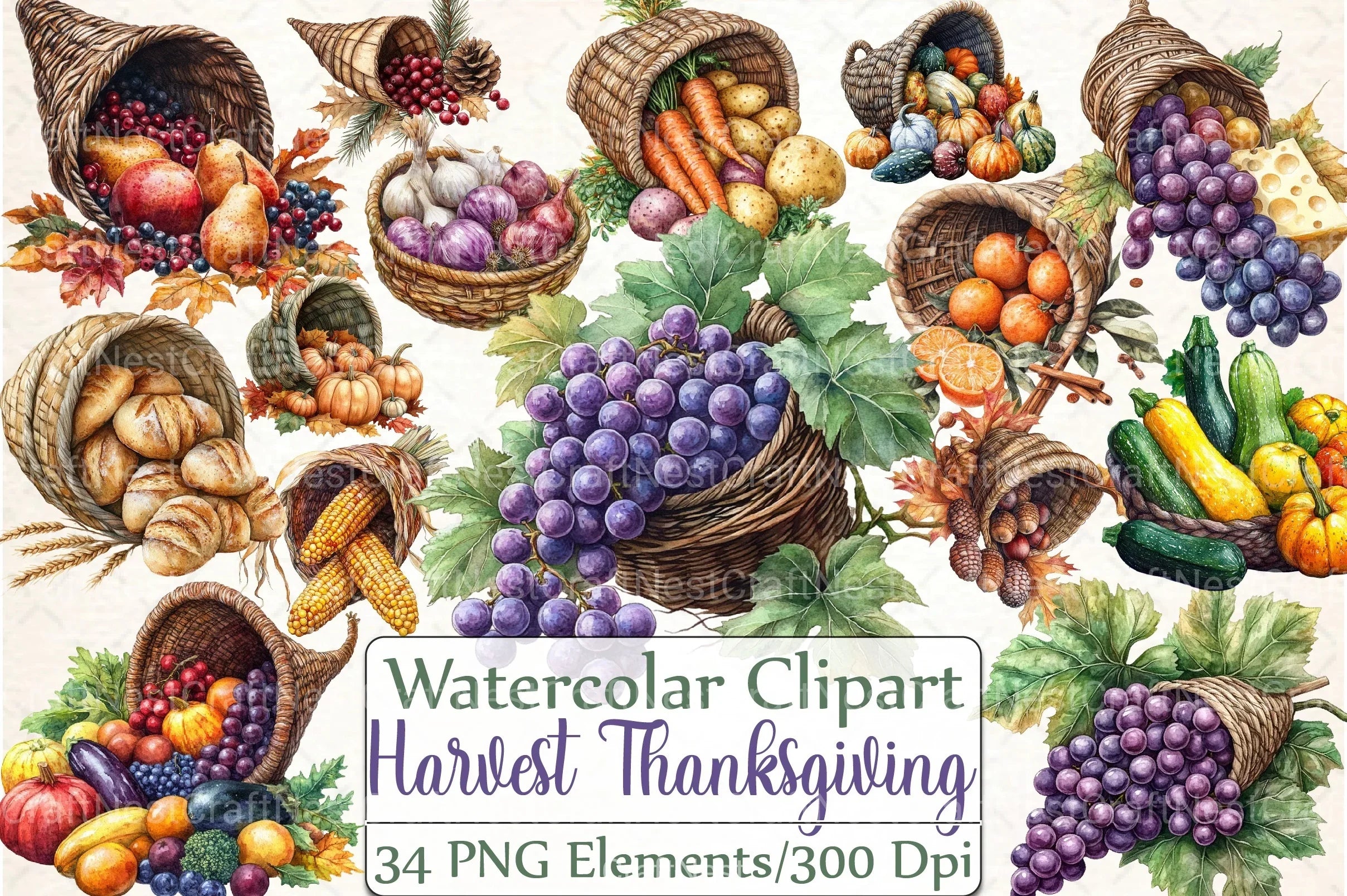 Cornucopia Harvest Thanksgiving Clipart Bundle