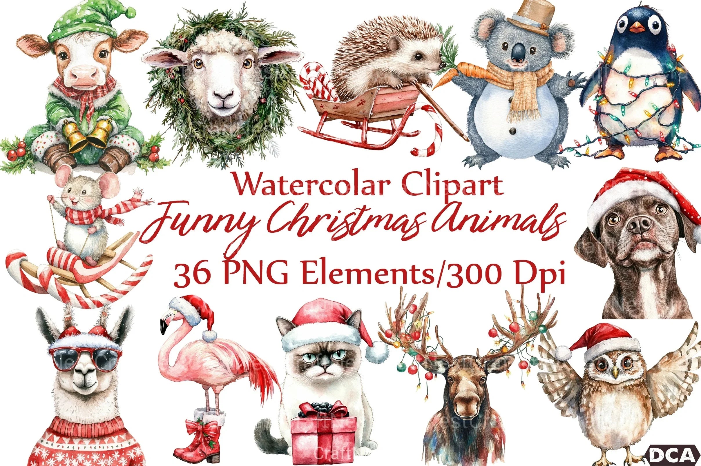 Funny Christmas Animals Clipart Bundle