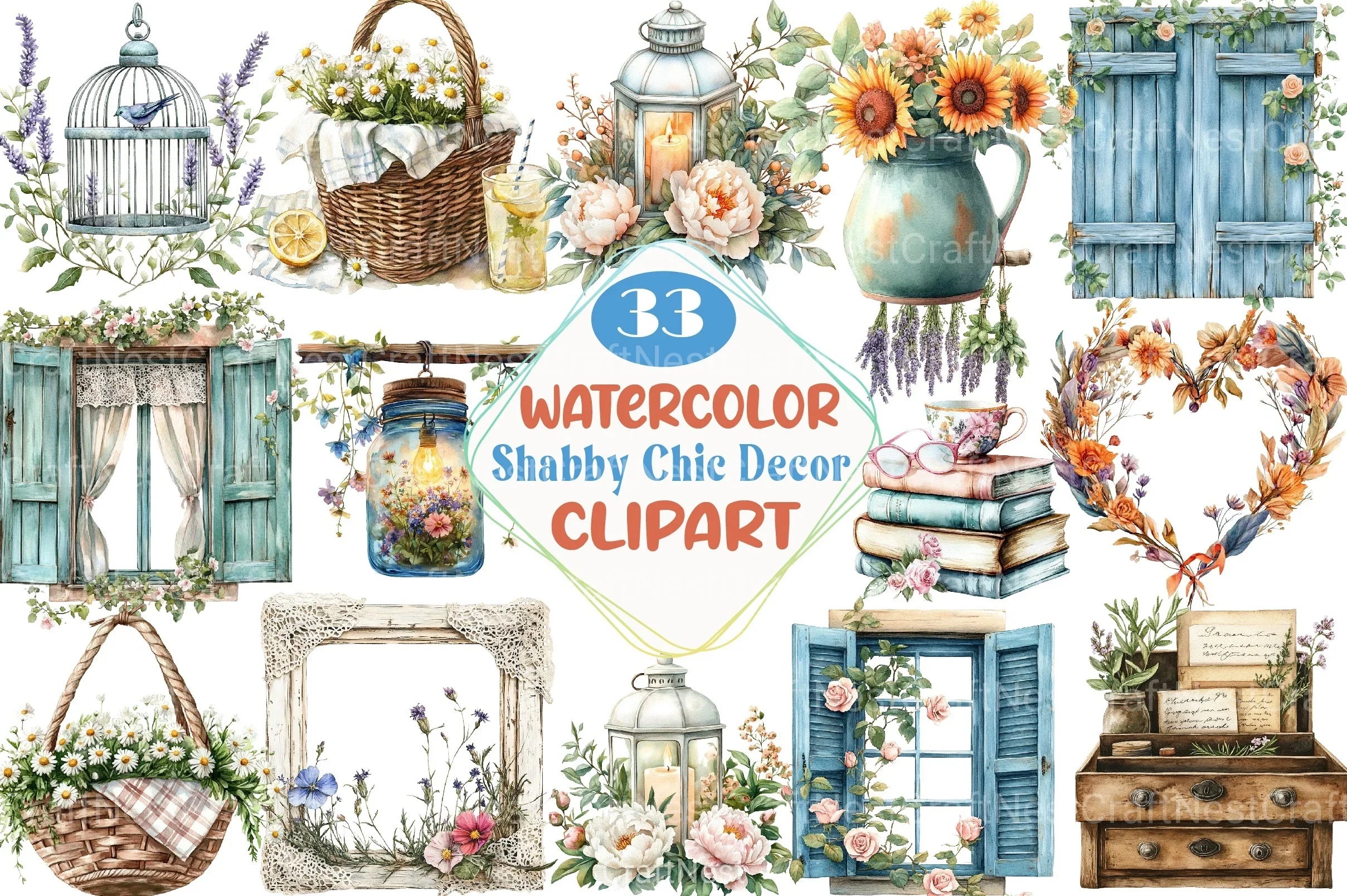 Summer Shabby Chic Decor Clipart Bundle