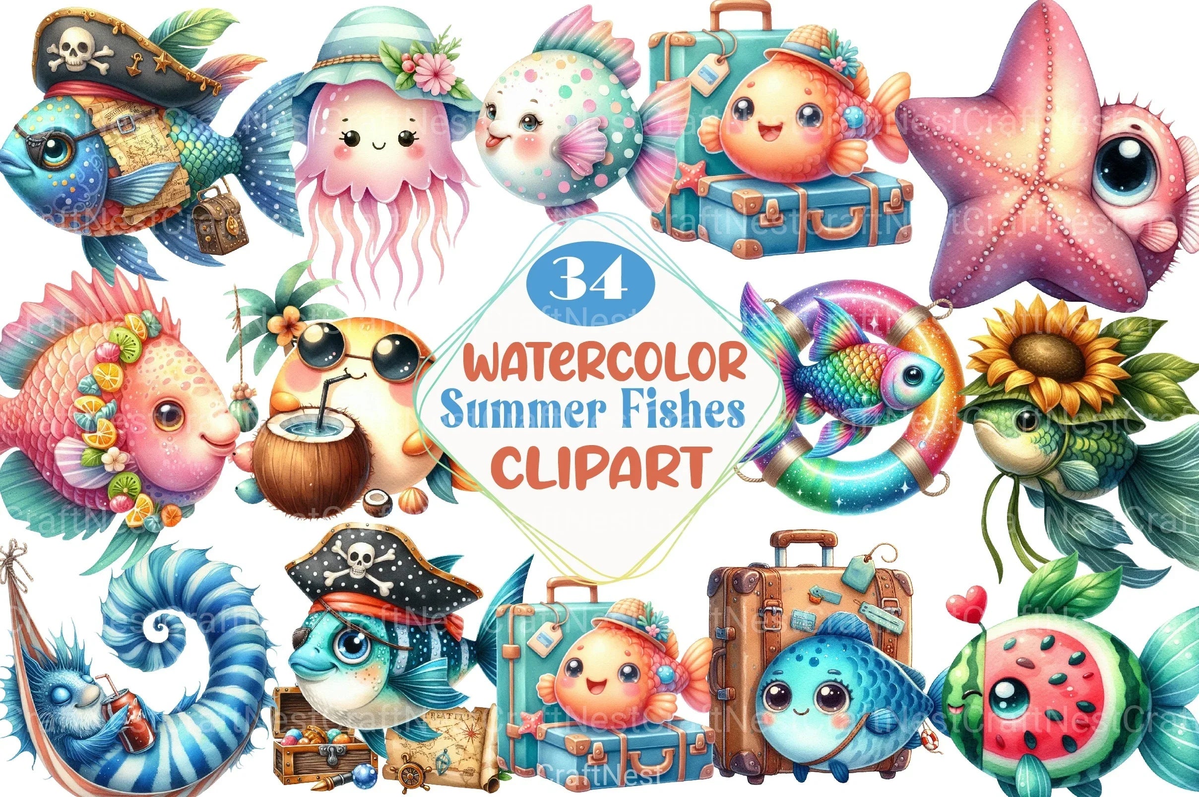 Whimsical Summer Fishes Clipart Bundle