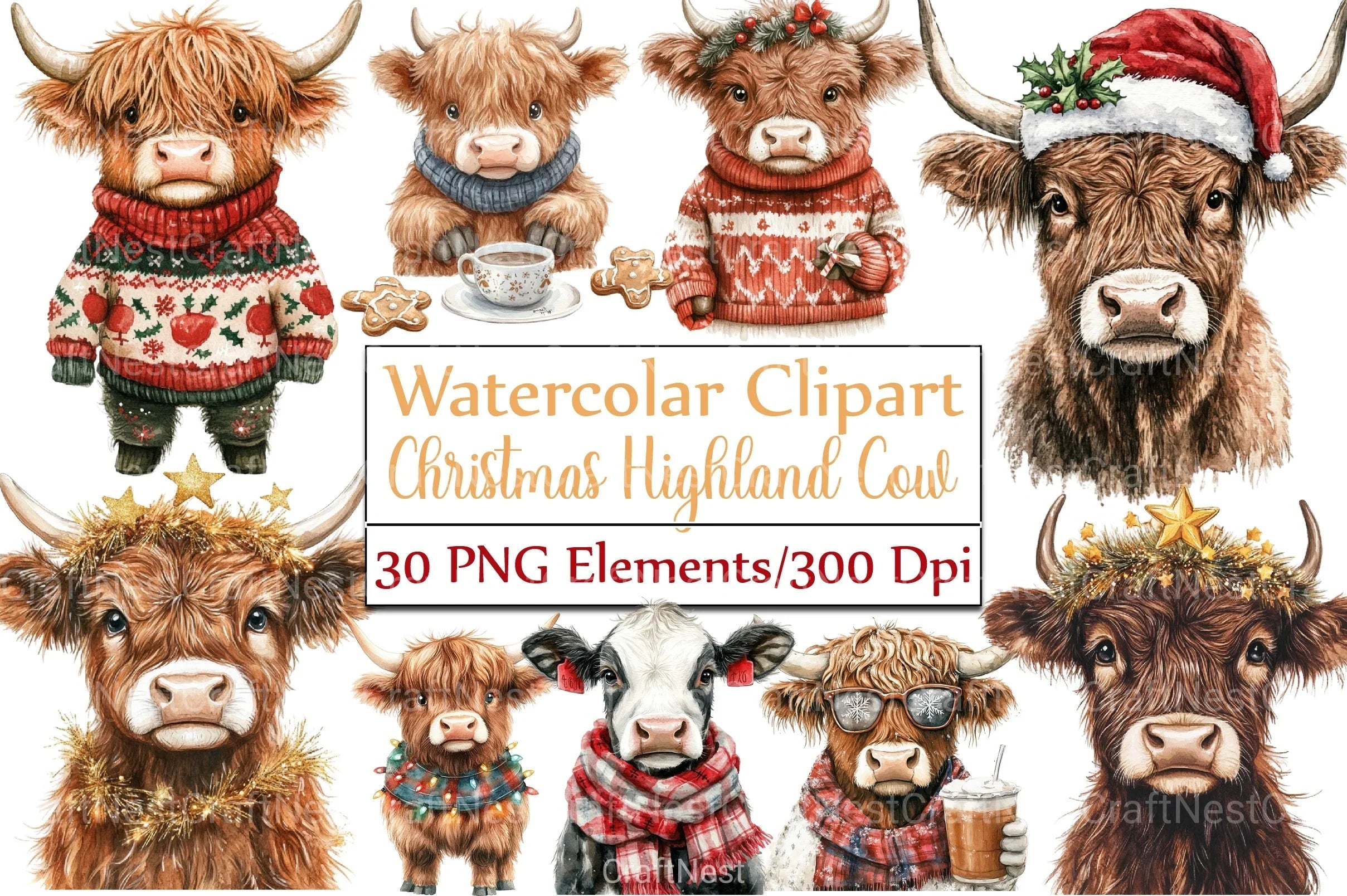Cute Christmas Highland Cow Clipart Bundle