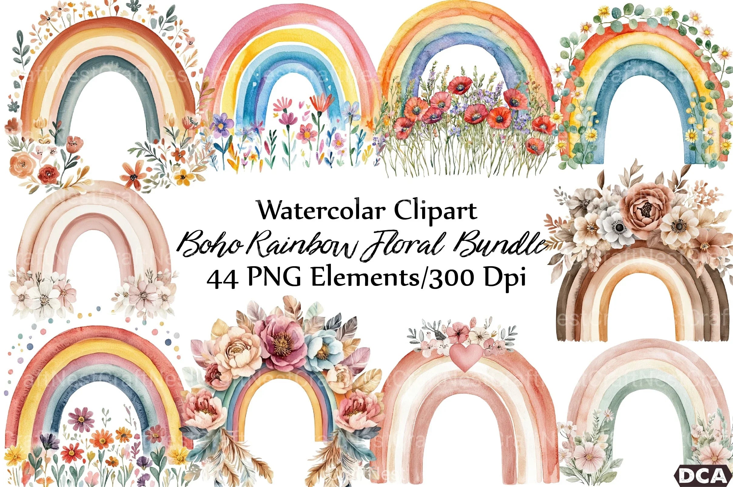 Boho Rainbow Floral Clipart Bundle