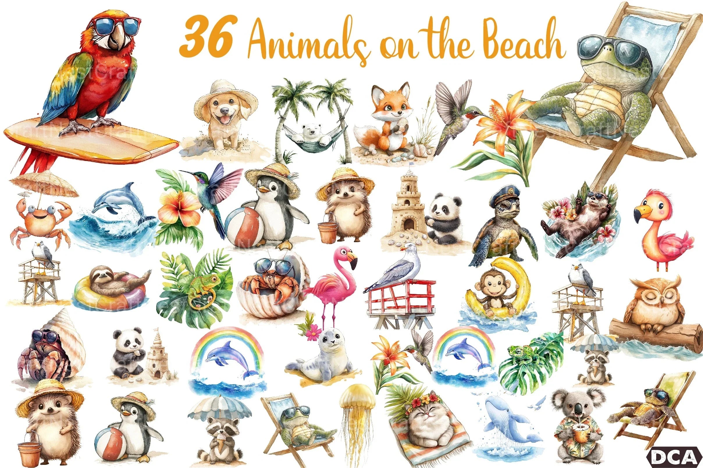 Summer Beach Animals Clipart Bundle