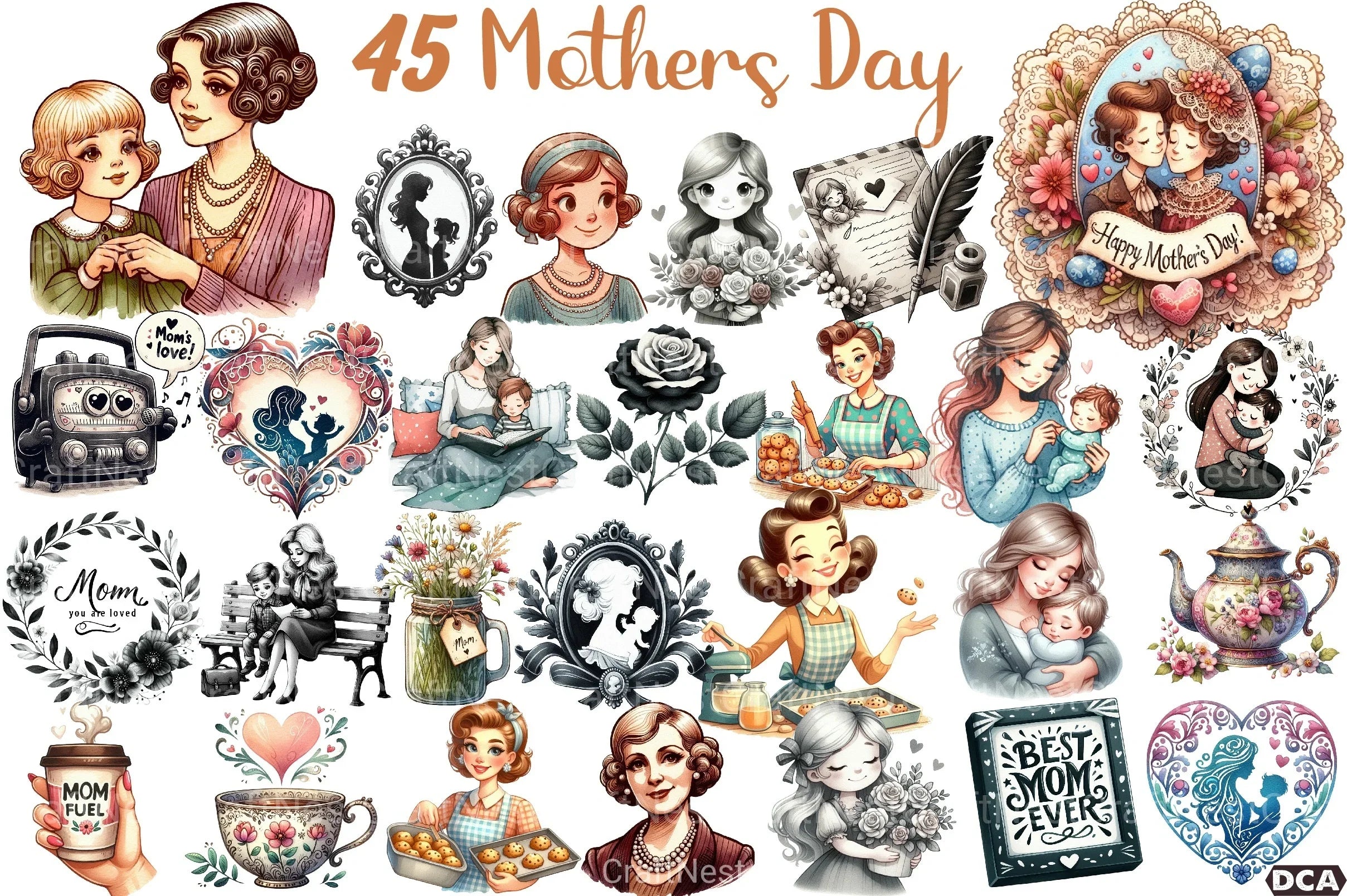 Black and White Mother's Day Clipart Bundle