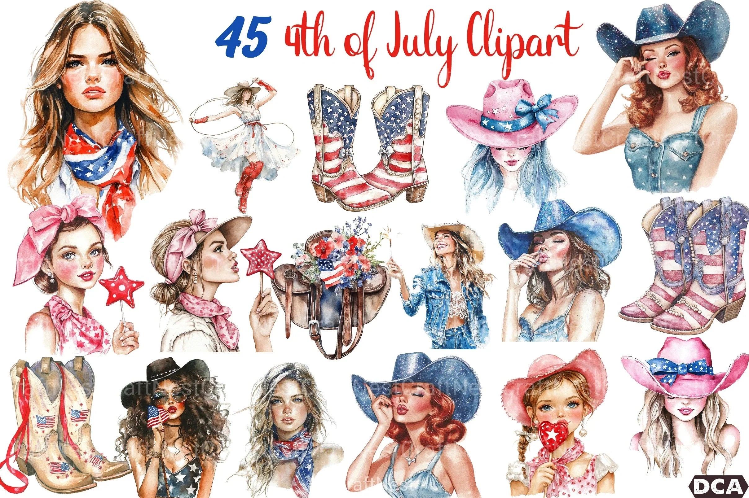 Coquette Cowgirl 4th of July Clipart Bundle