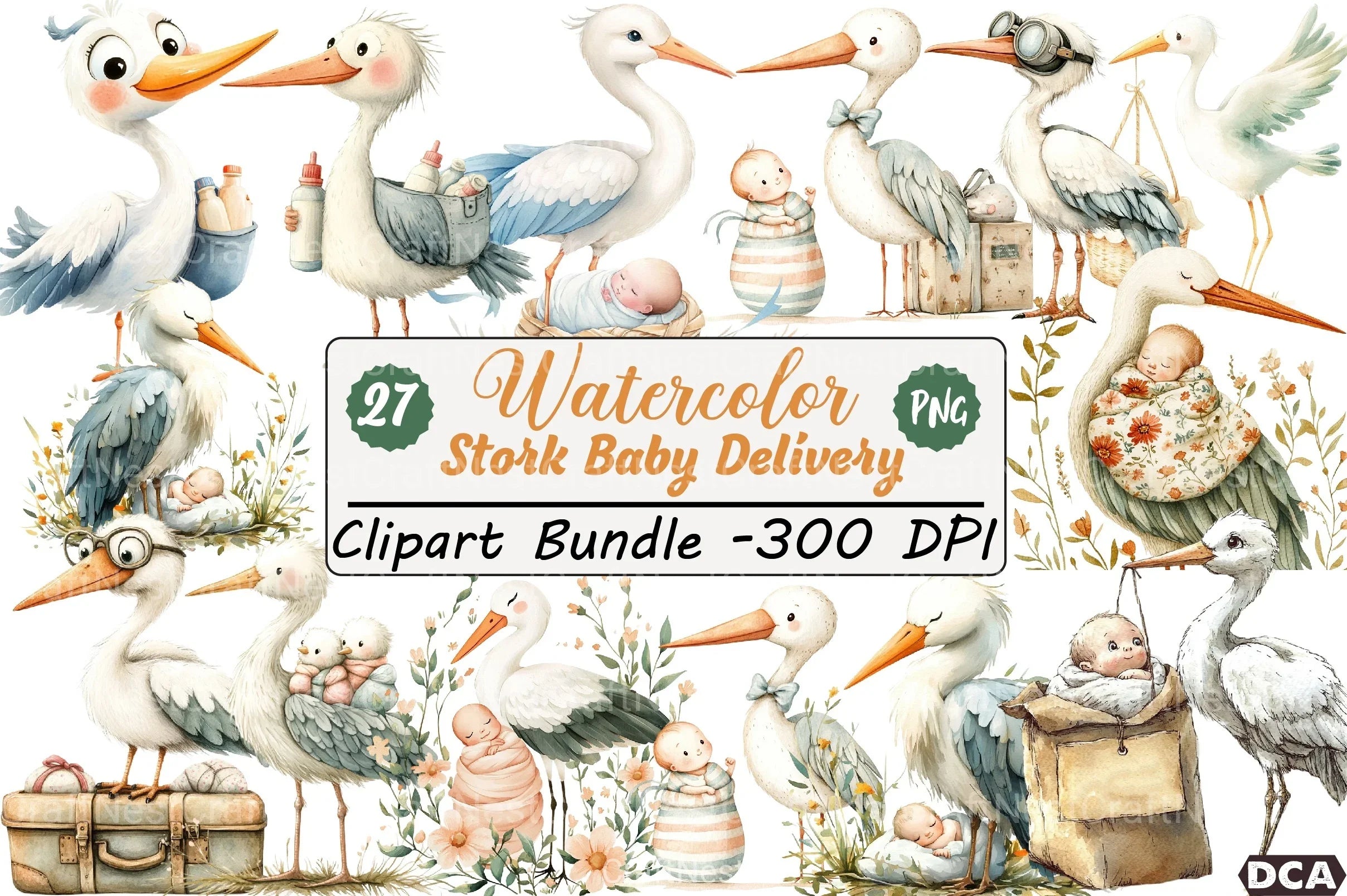 Stork Baby Delivery Clipart Bundle