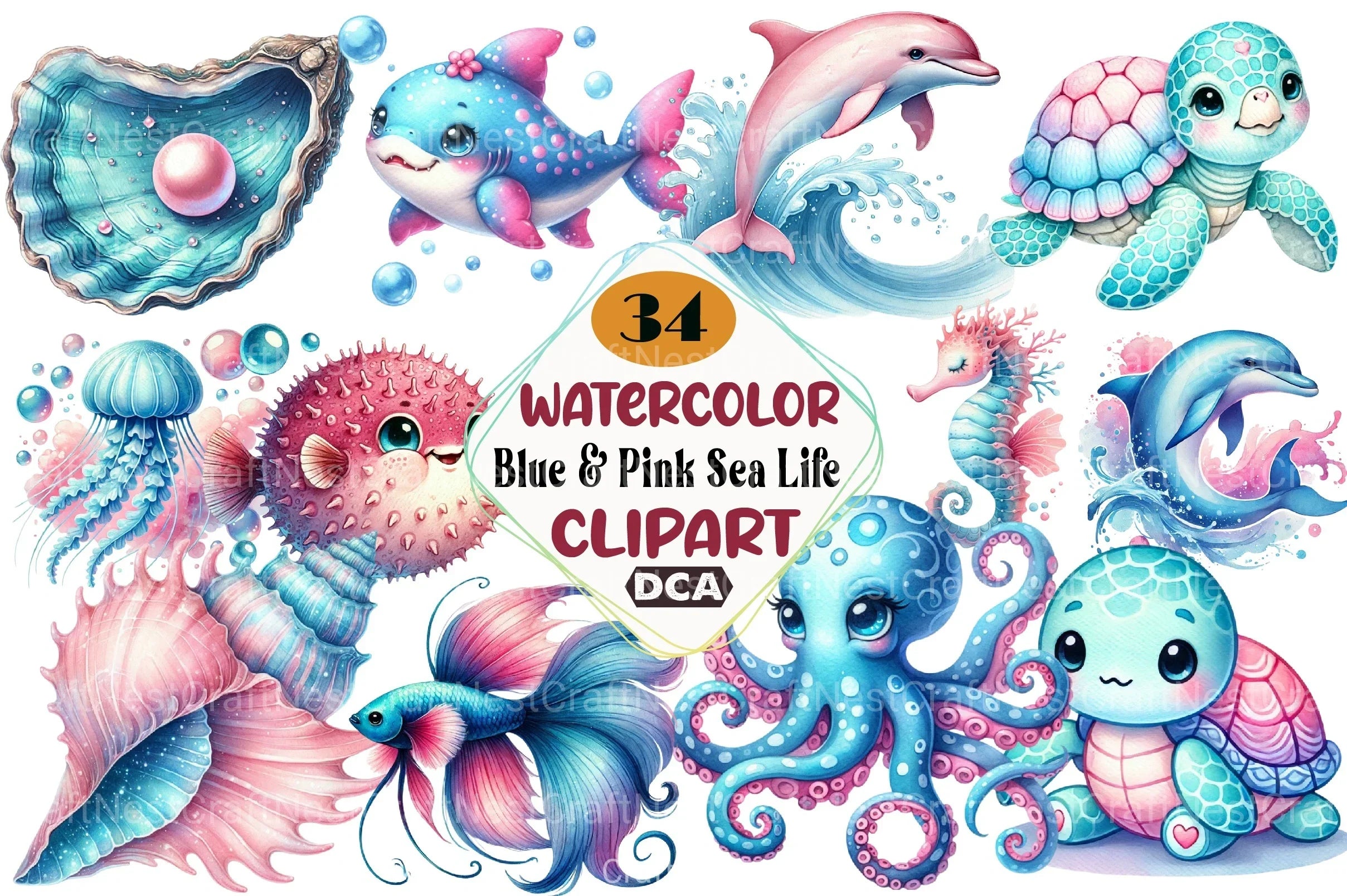 Blue & Pink Sea Life Clipart Bundle