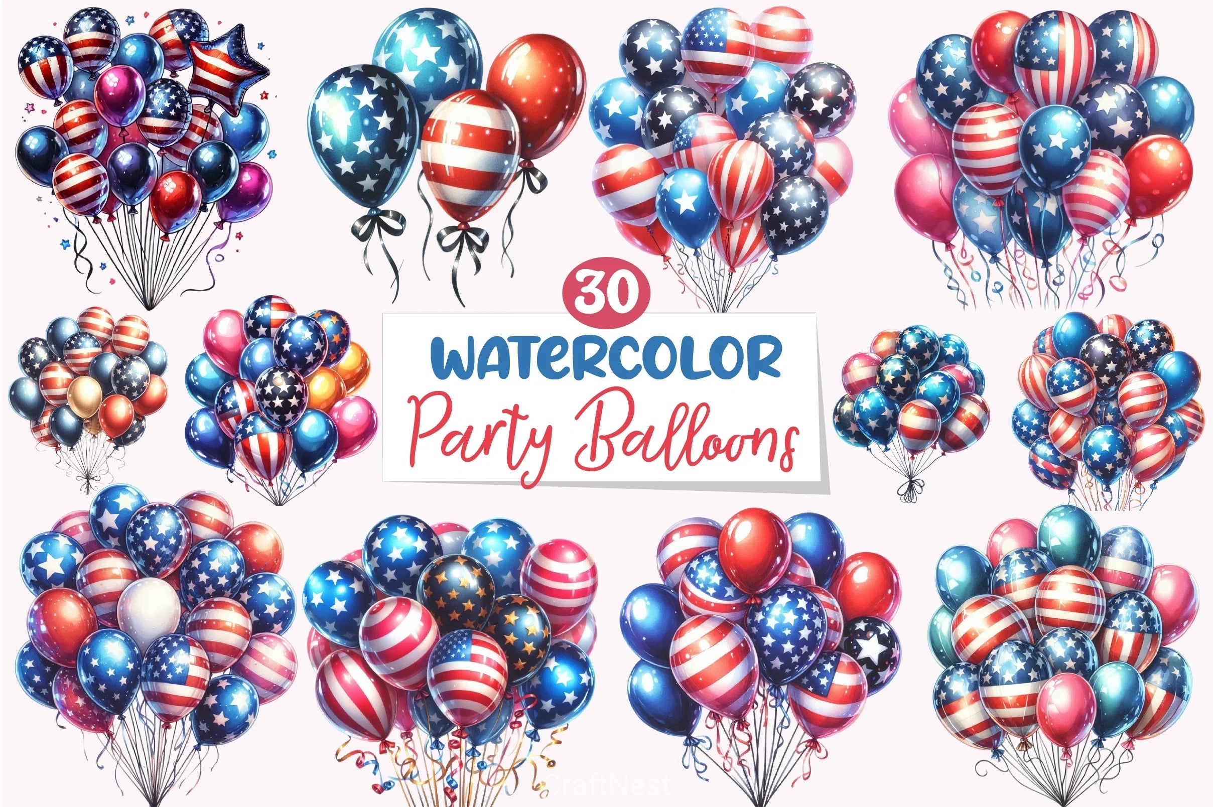 American 4th of July Party Balloons Clipart Bundle