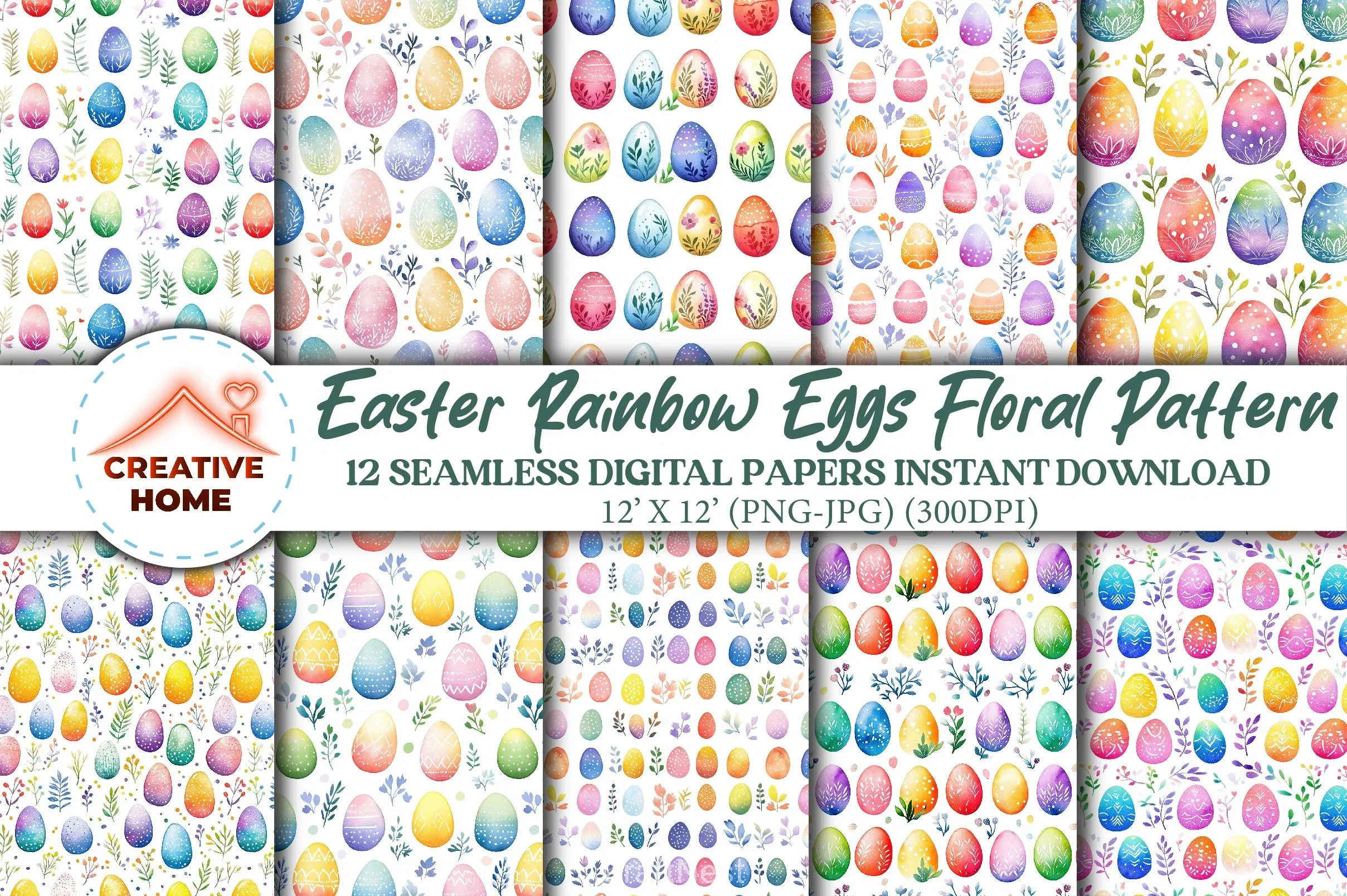 Easter Rainbow Eggs Floral Clipart Bundle
