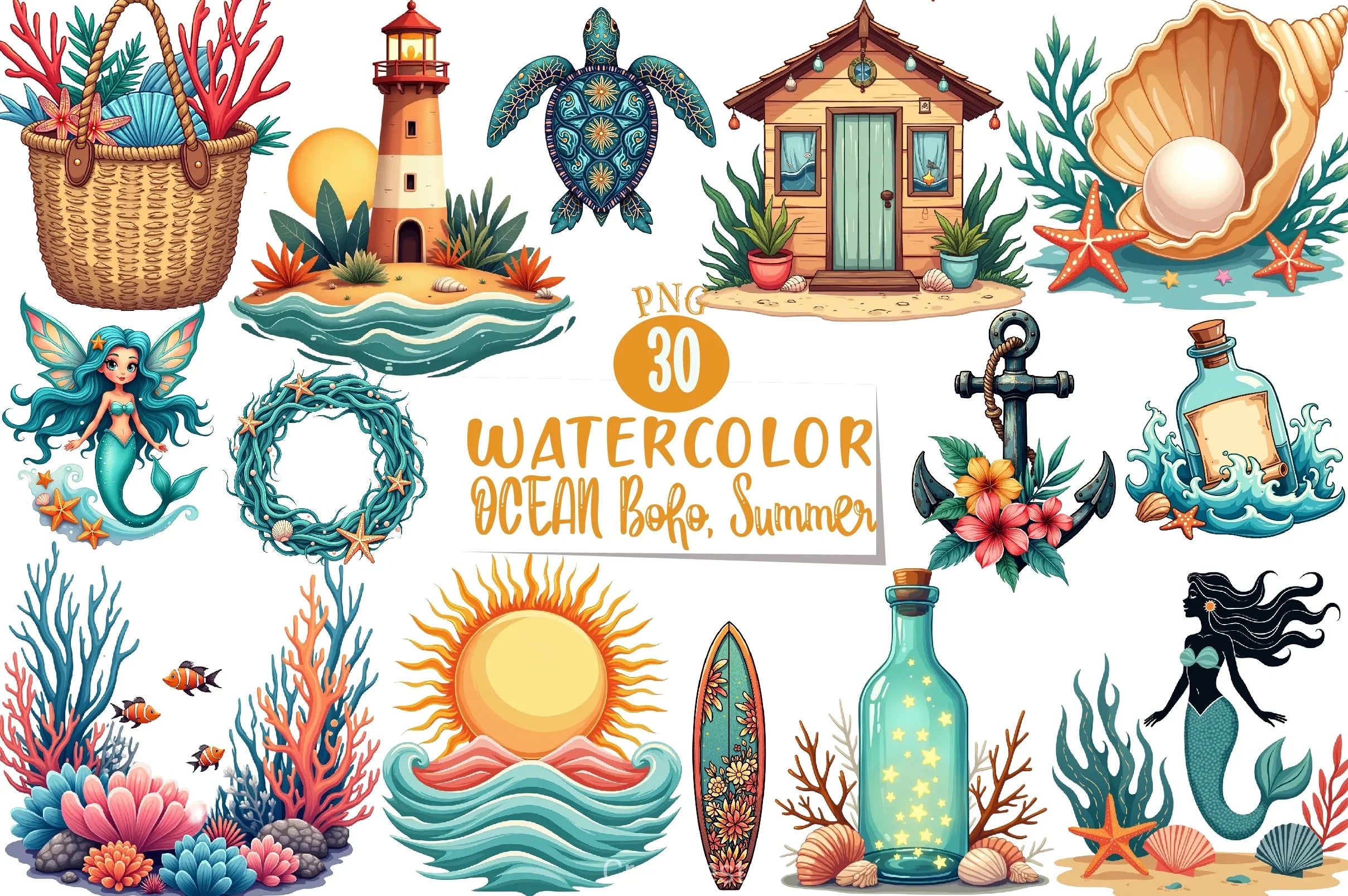 Ocean Boho Summer Clipart Bundle