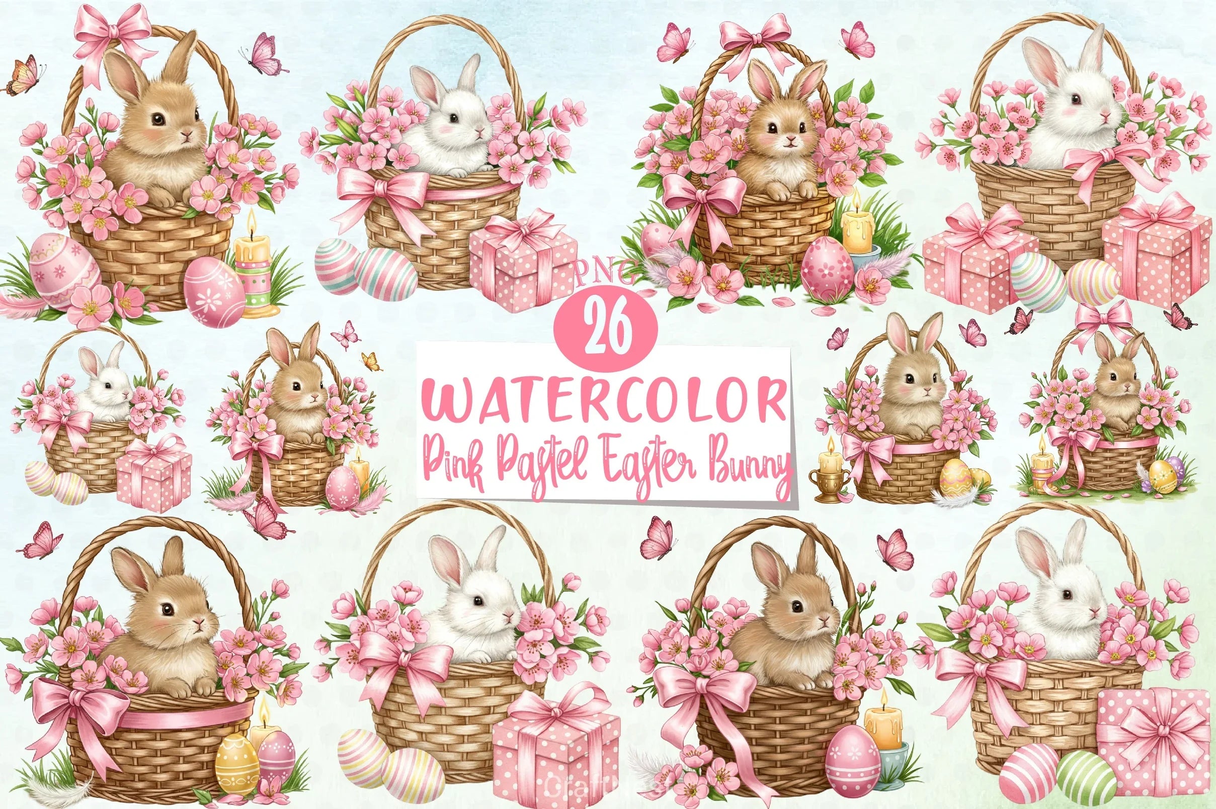 Pink Pastel Easter Bunny Clipart Bundle