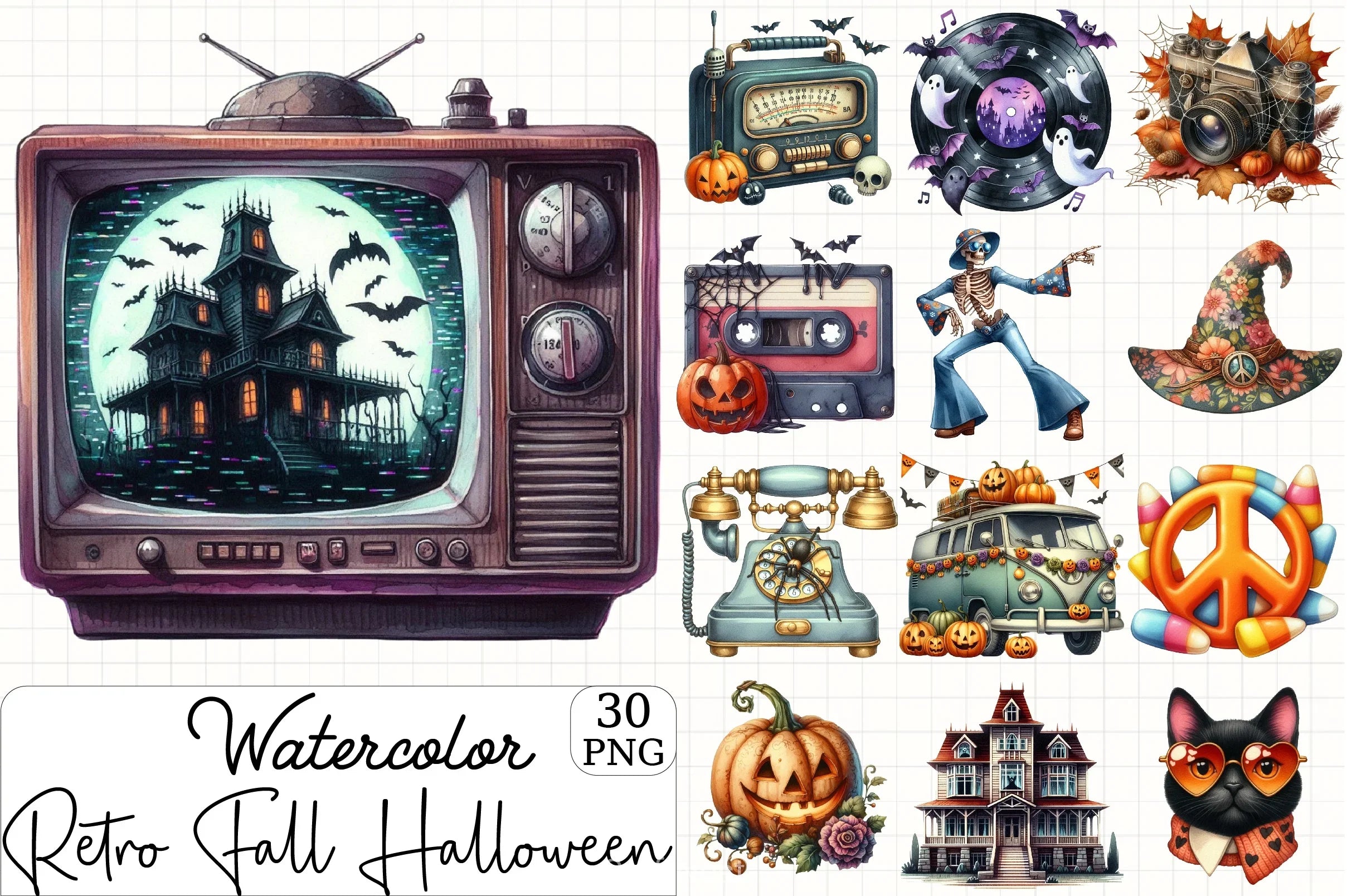 Retro Fall Halloween Clipart Bundle