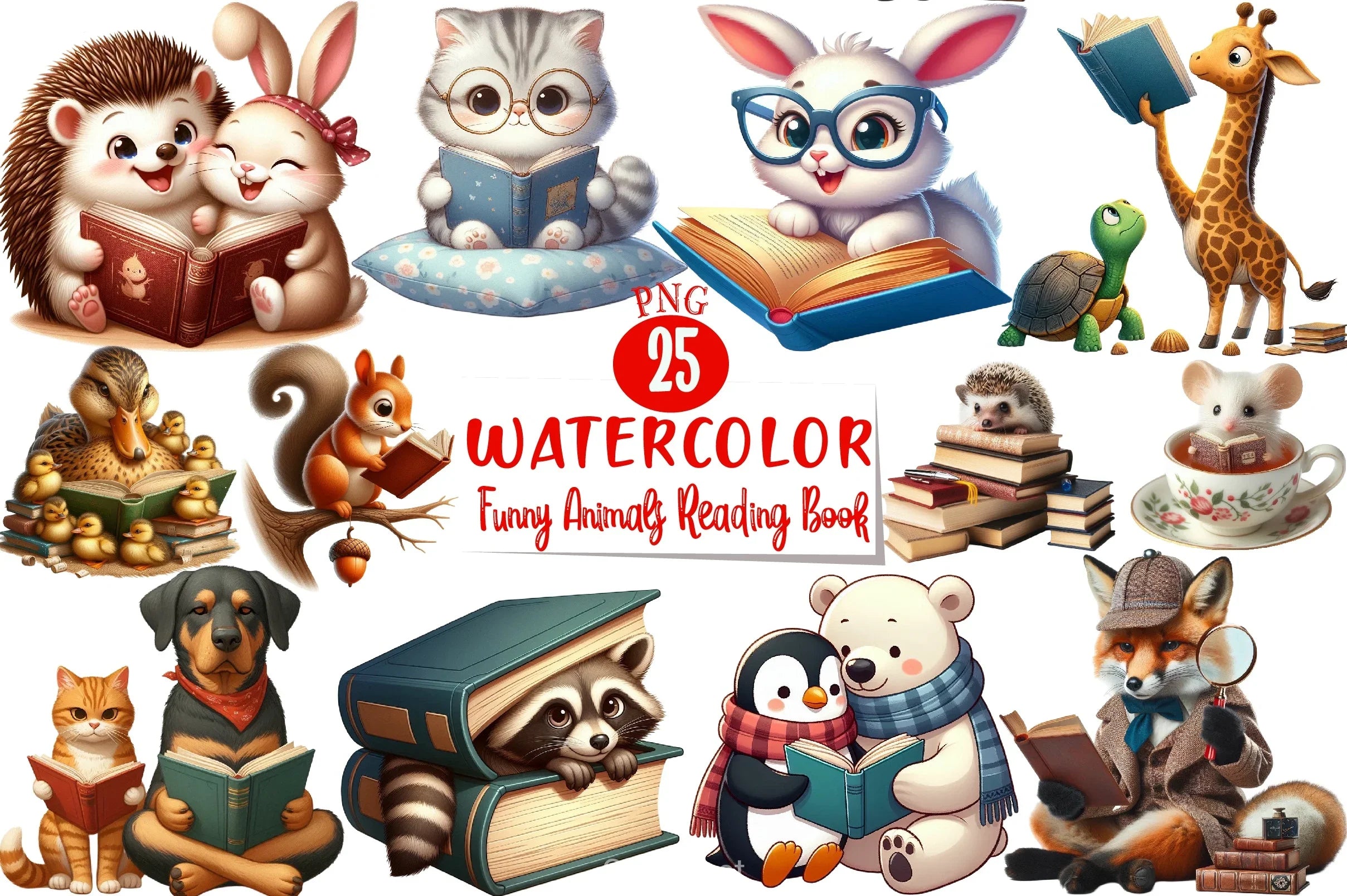 Funny Animals Reading Clipart Bundle