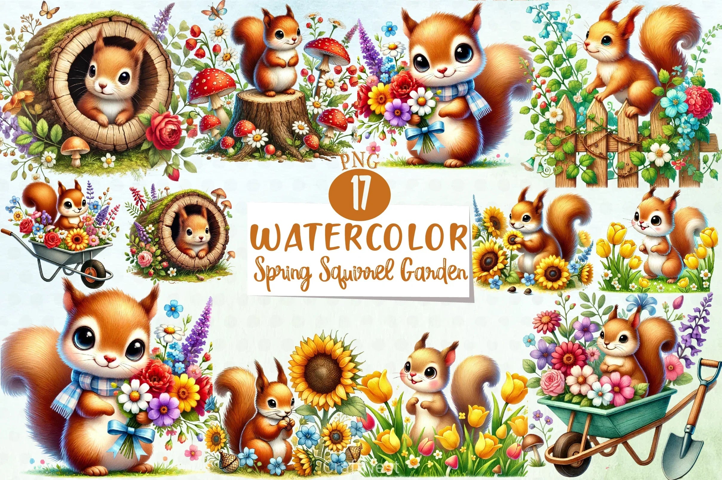Spring Squirrel Garden Clipart Bundle