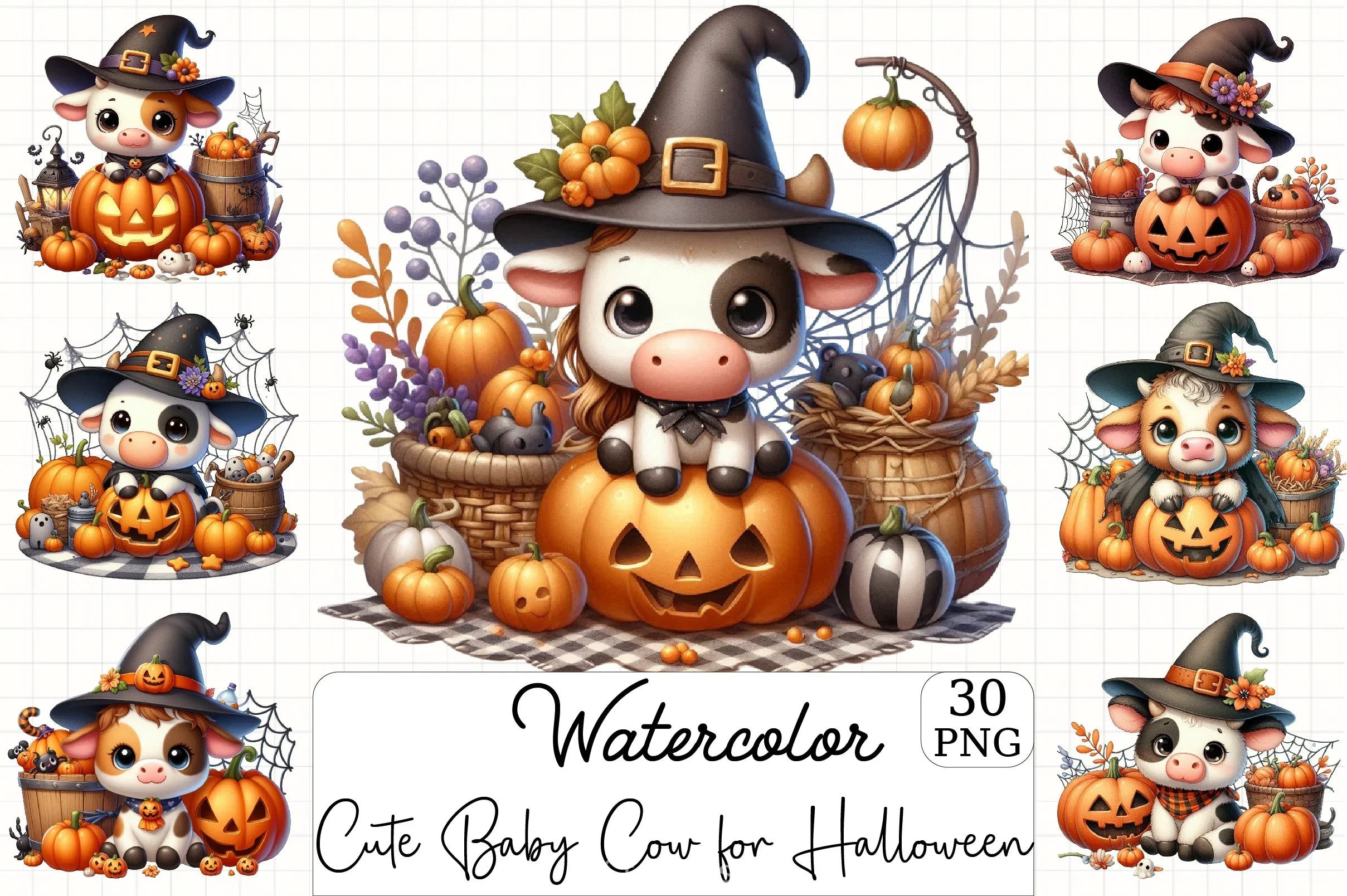 Cute Baby Cow Halloween Clipart Bundle
