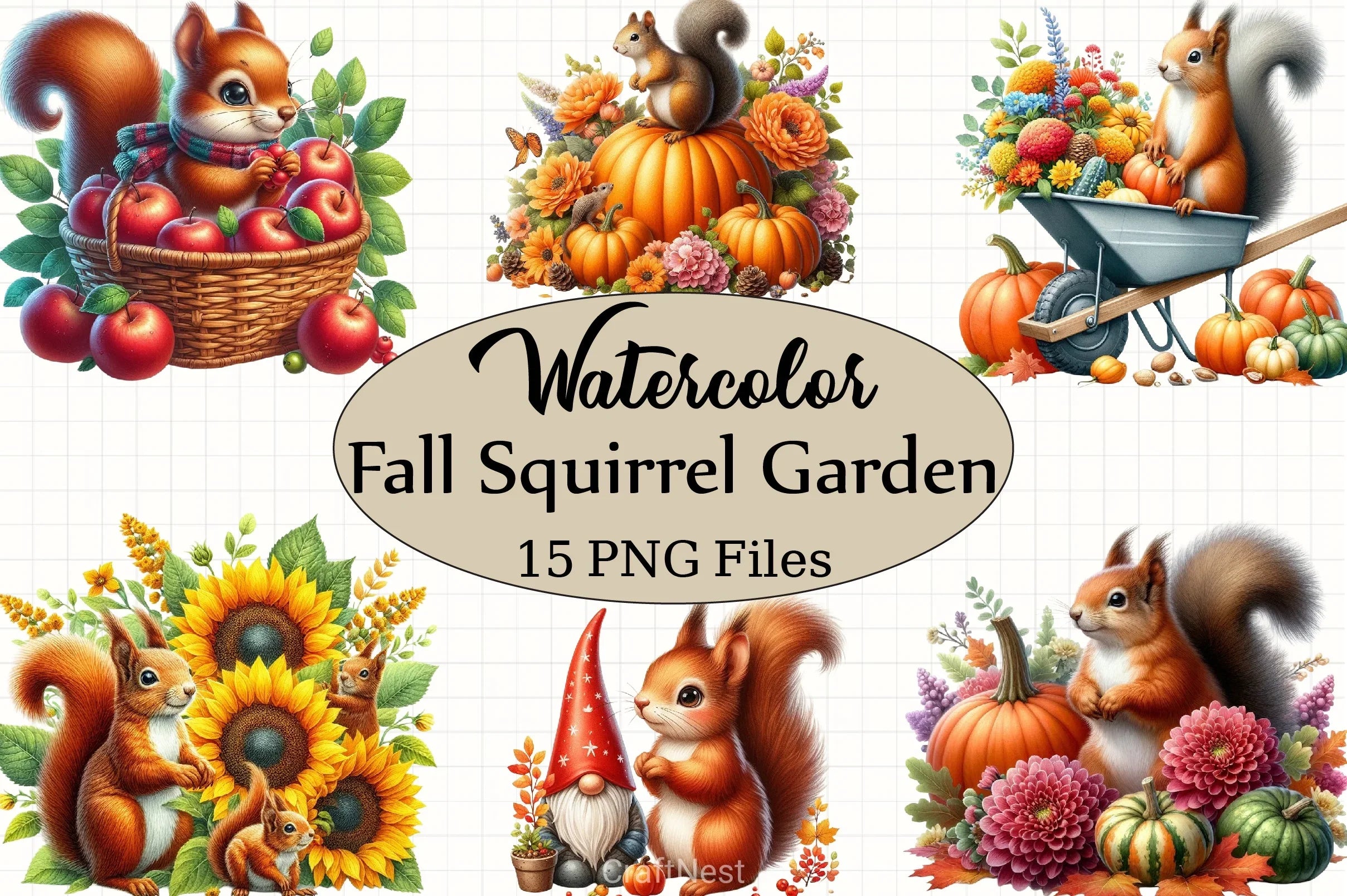Fall Squirrel Garden Clipart Bundle