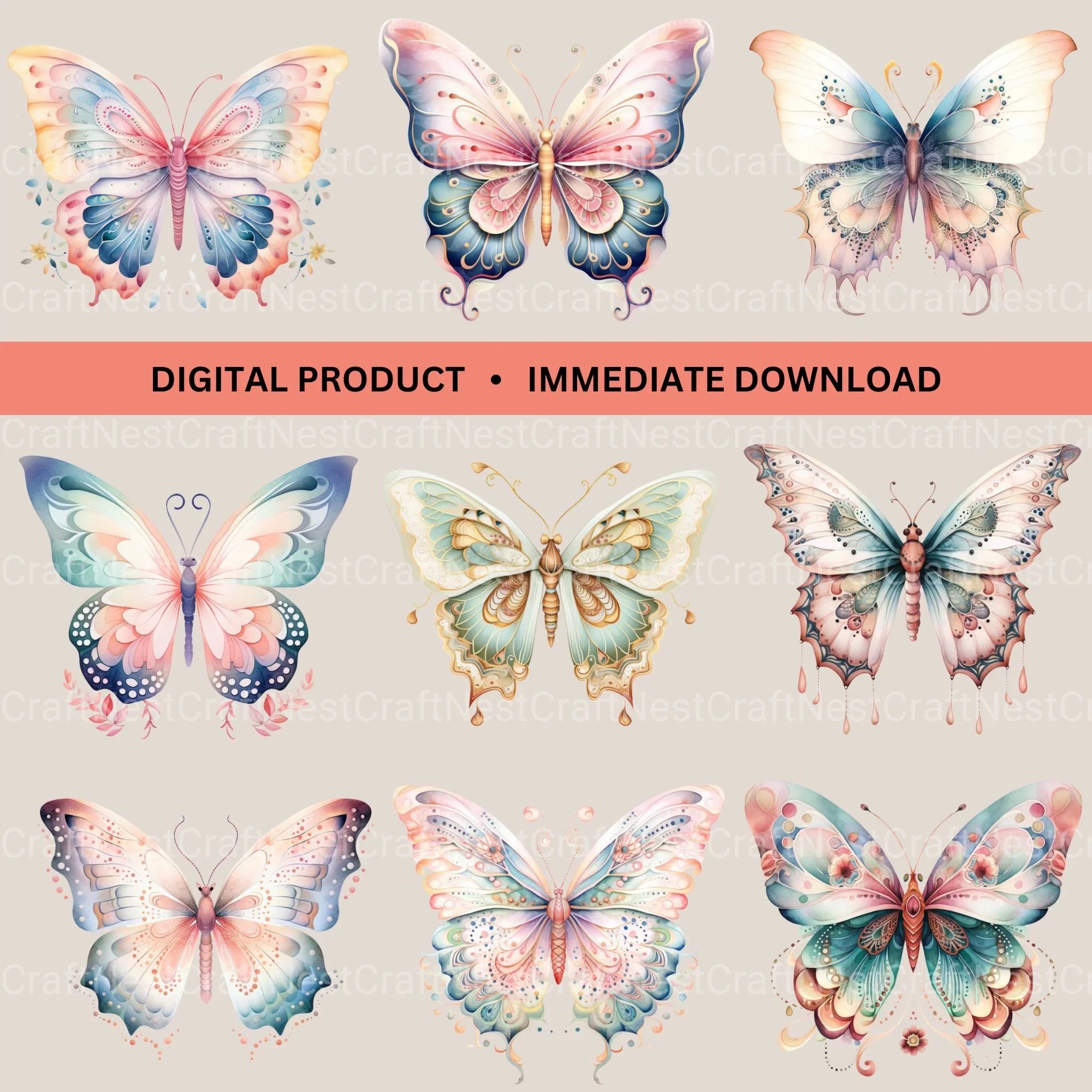 Boho Butterflies Clipart Bundle