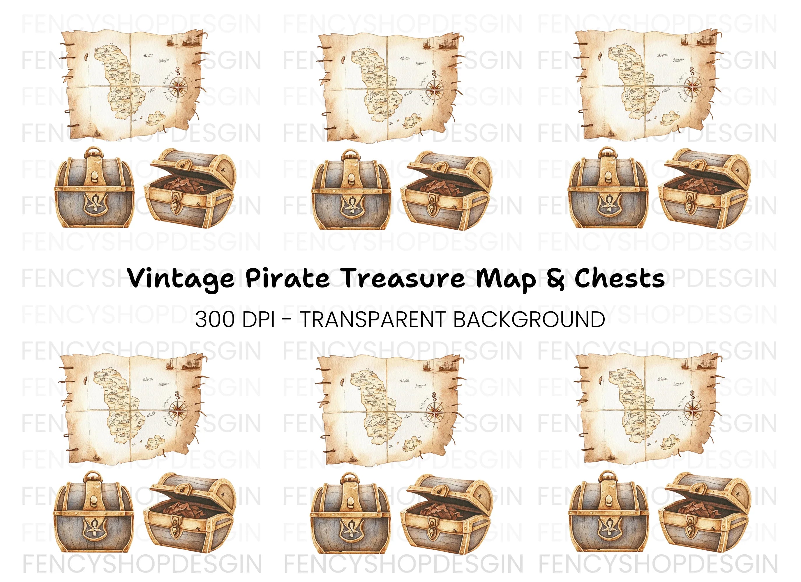 Pirate Treasure Map and Chests Clipart Bundle