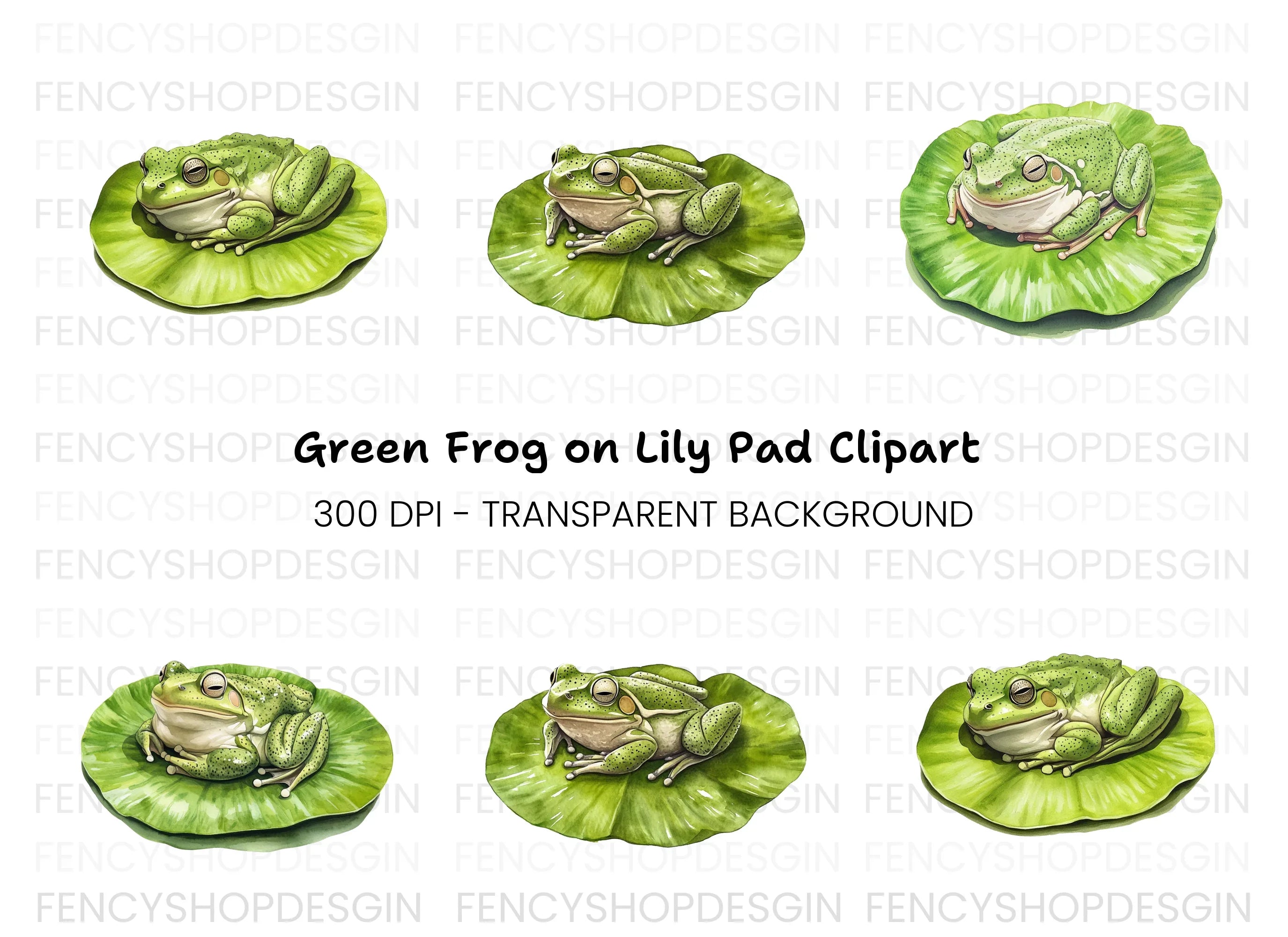 Cute Green Frogs on Lily Pads Clipart Bundle