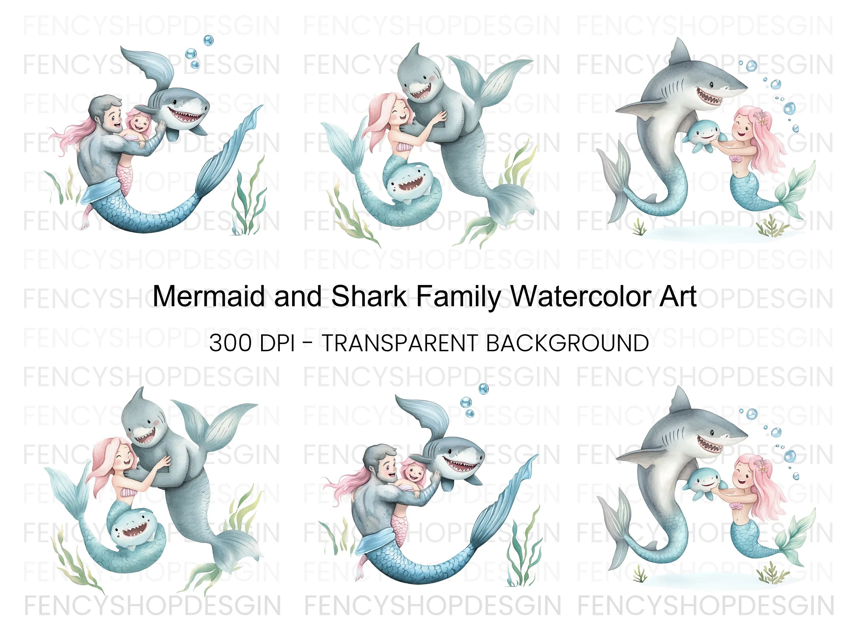Mermaid and Shark Family Clipart Bundle
