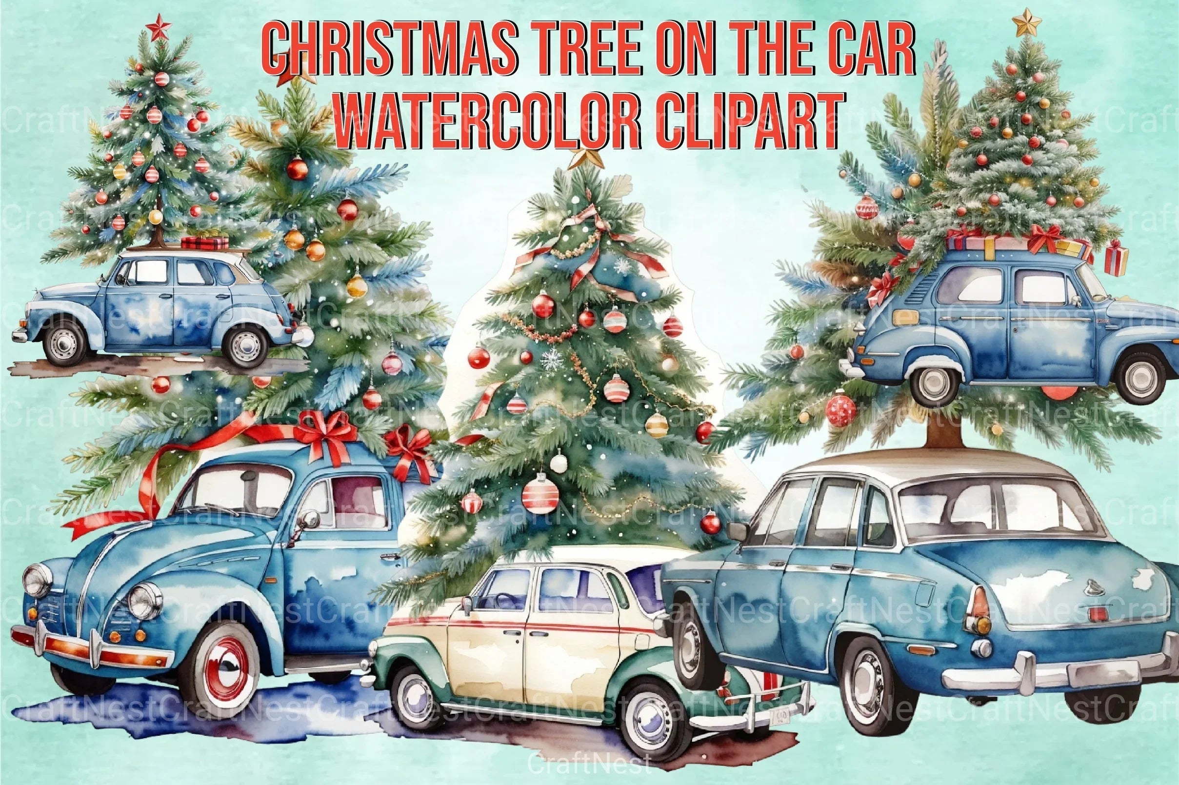 Christmas Tree on Car Clipart Bundle
