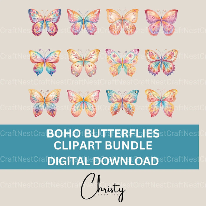 Boho Butterflies Clipart Bundle