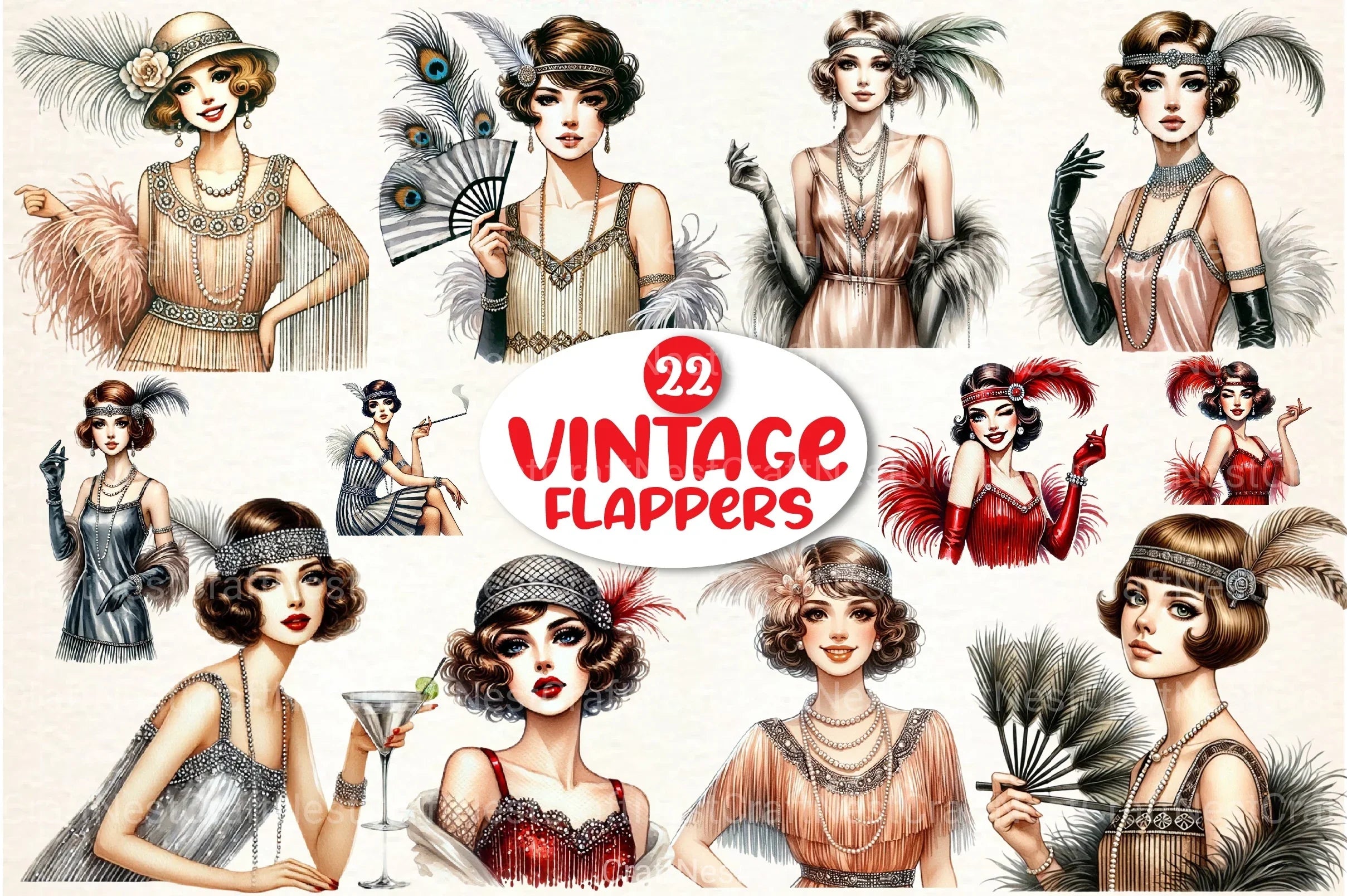 Vintage Flappers Clipart Bundle Set