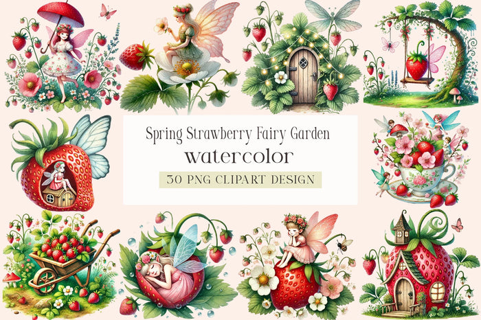 Spring Strawberry Fairy Garden Clipart Bundle