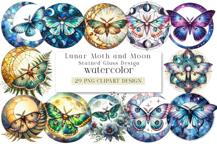 Lunar Moth & Moon Stained Glass Design Clipart Bundle