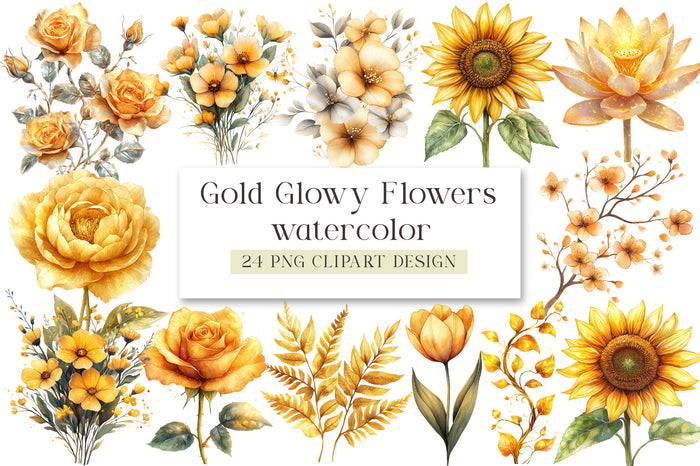 Gold Glowy Flowers Clipart Bundle