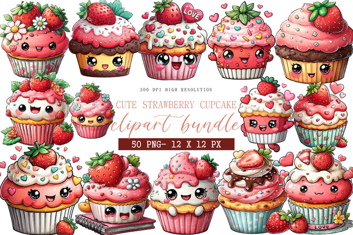 Cute Strawberry Cupcake Clipart Bundle