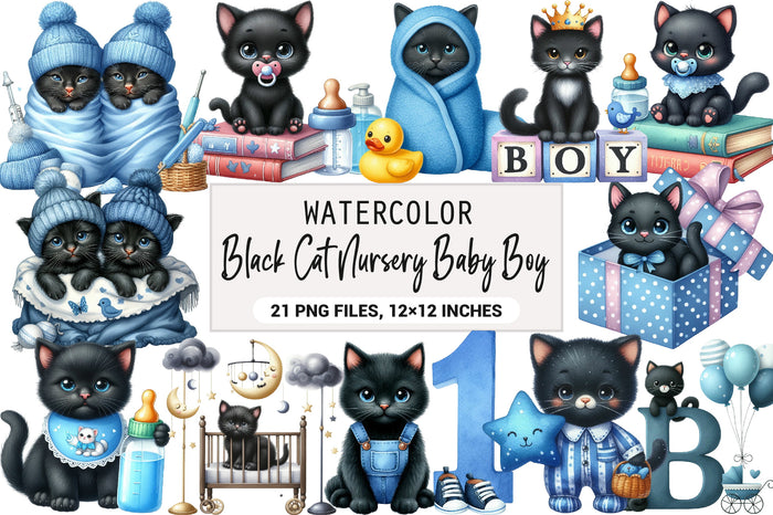 Black Cat Nursery Baby Boy Clipart Bundle