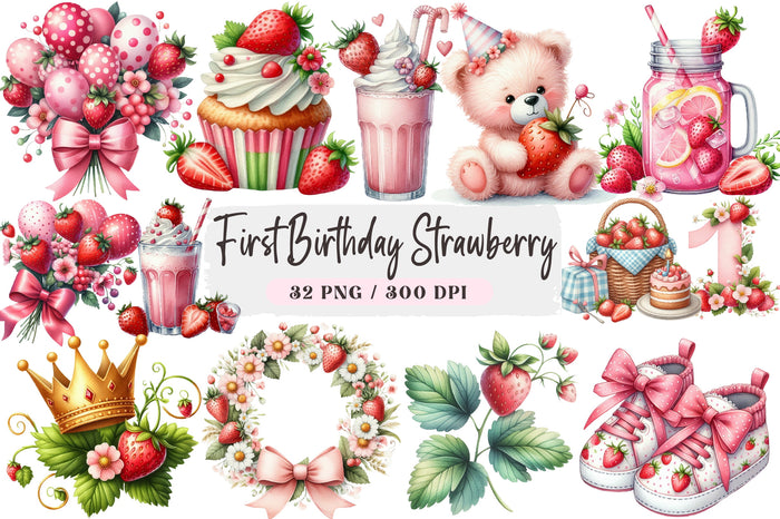 First Birthday Strawberry Clipart Bundle