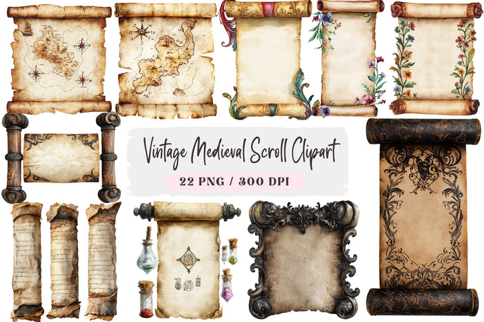 Vintage Medieval Scroll Clipart Bundle