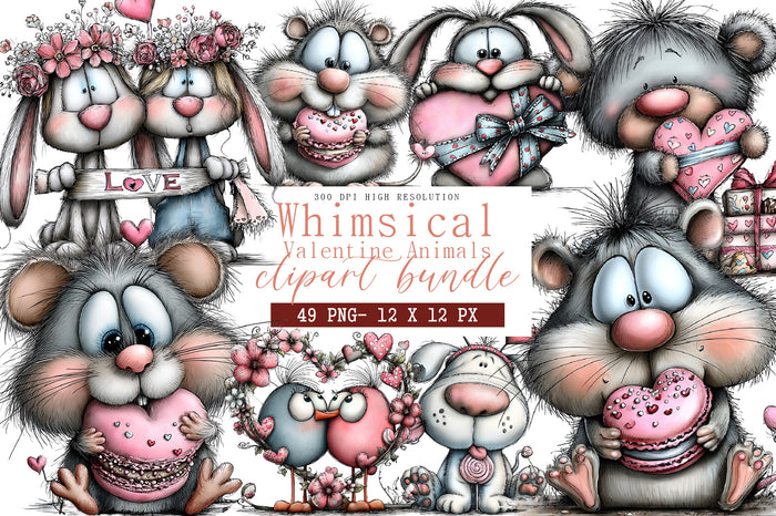 Whimsical Valentine Animals Clipart Bundle