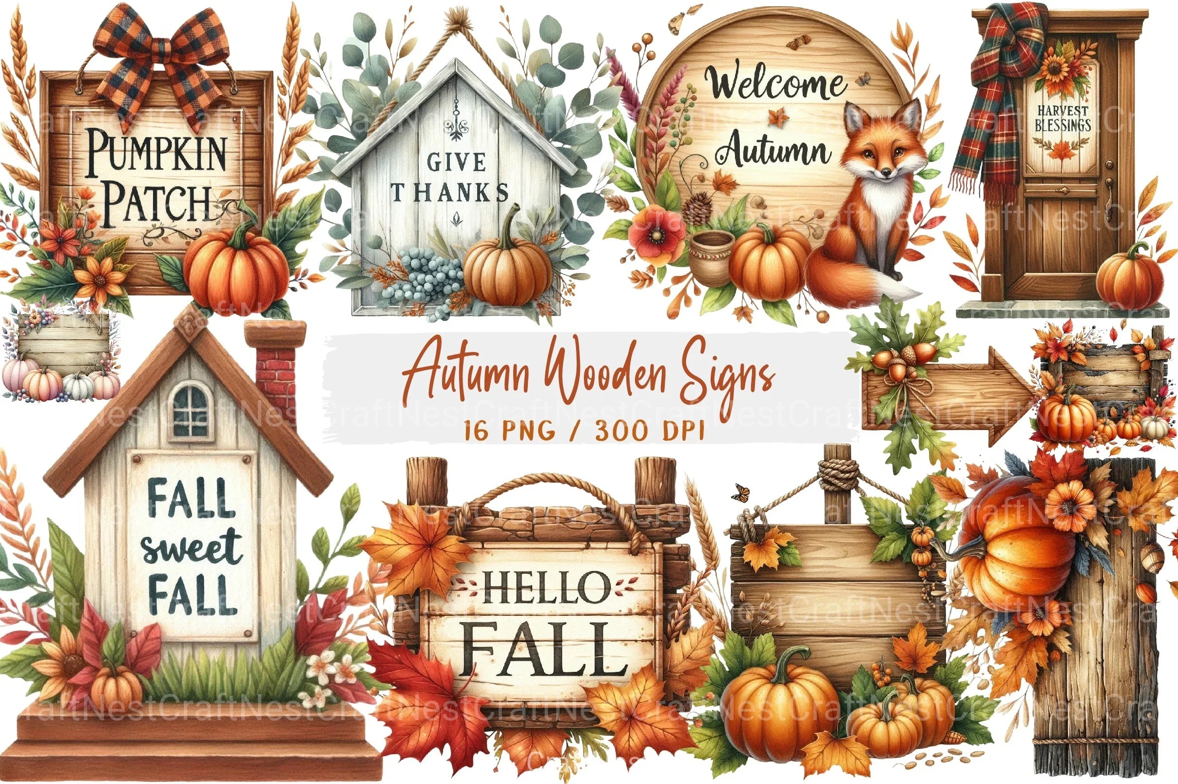 Autumn Wooden Signs Clipart Bundle