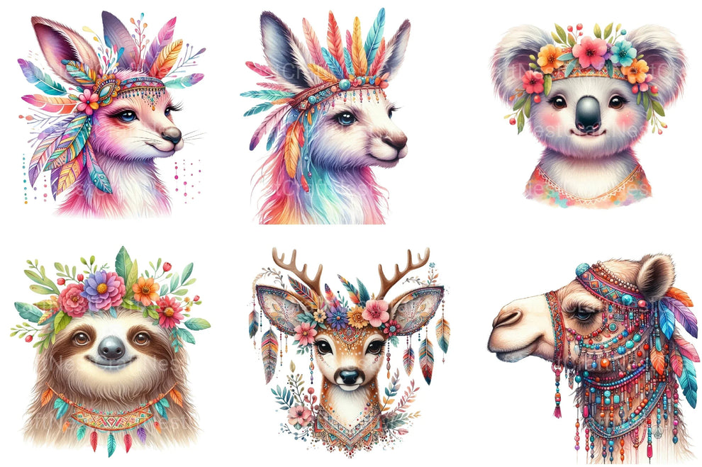 Boho Animal Portraits Clipart Bundle