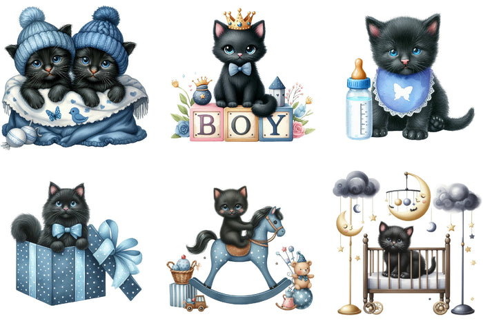 Black Cat Nursery Baby Boy Clipart Bundle