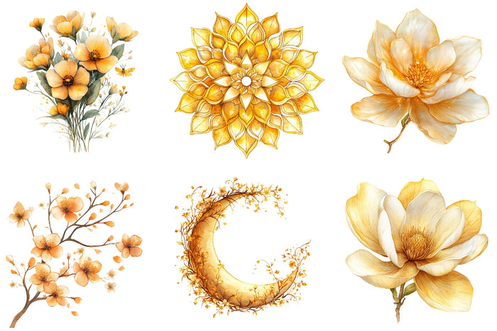 Gold Glowy Flowers Clipart Bundle