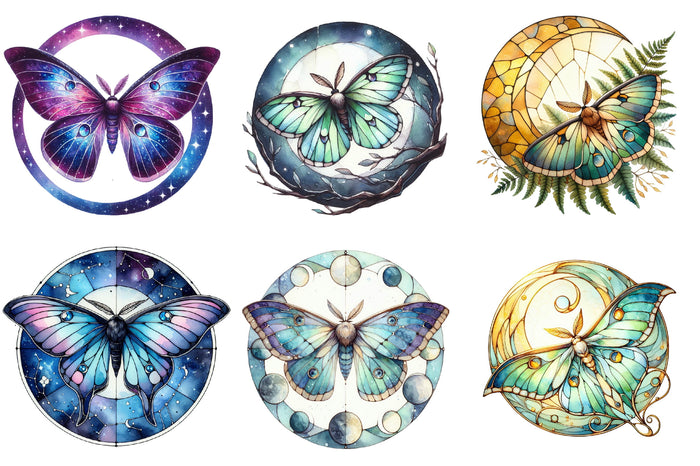 Lunar Moth & Moon Stained Glass Design Clipart Bundle