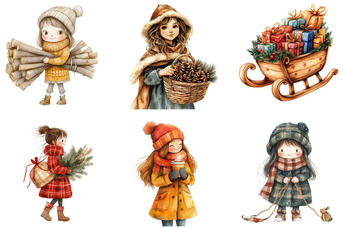 Winter Cottage Girl Clipart Bundle