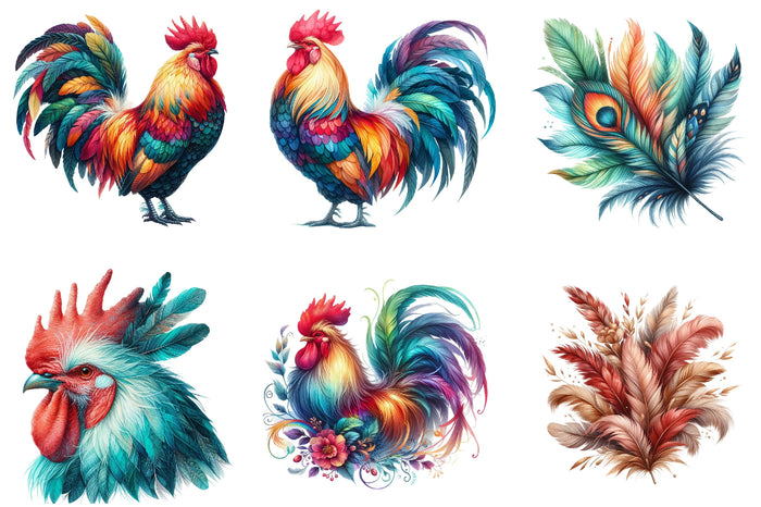 Boho Rooster Colored Feathers Clipart Bundle
