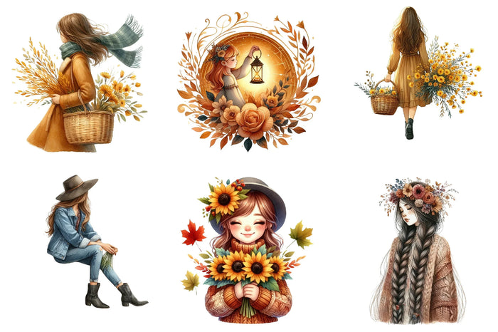 Girls with Fall Flowers Clipart Bundle