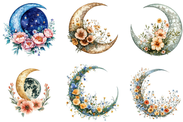 Floral Moon Design Clipart Bundle