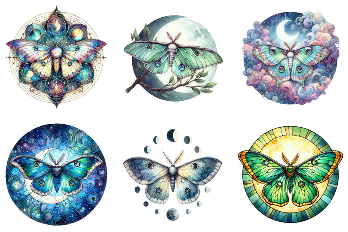 Lunar Moth & Moon Stained Glass Design Clipart Bundle