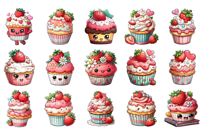 Cute Strawberry Cupcake Clipart Bundle