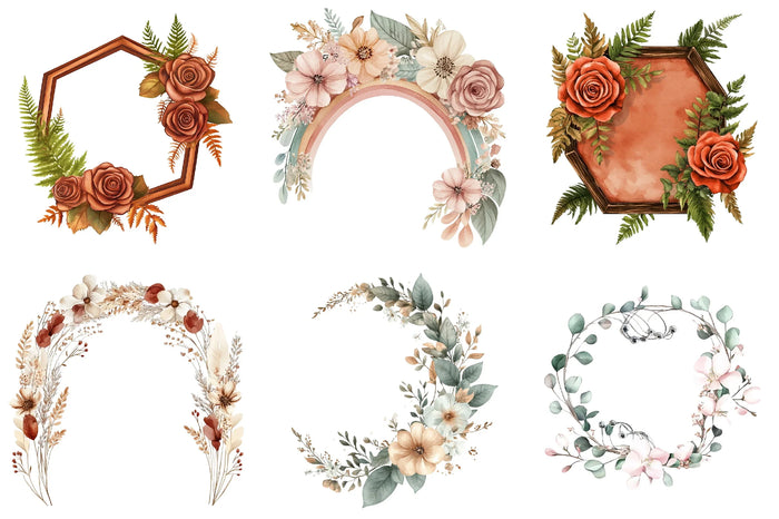 Boho Floral Frame Clipart Bundle