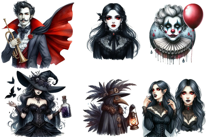 Gothic Halloween Characters Clipart Bundle
