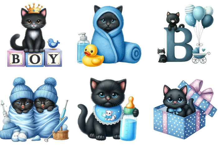 Black Cat Nursery Baby Boy Clipart Bundle