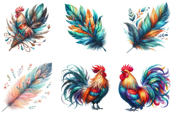 Boho Rooster Colored Feathers Clipart Bundle